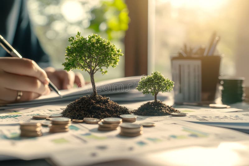 Miniature Trees on Financial Documents Symbolize Eco Investment and ...