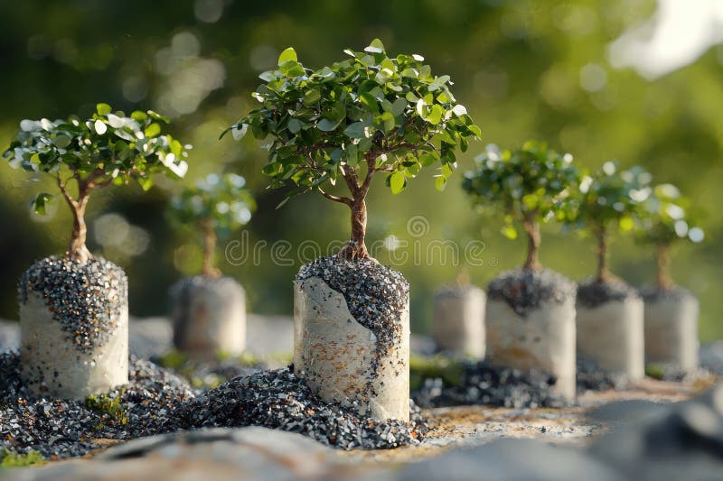 Miniature Trees Growing from Concrete Pillars in a Serene Environment ...