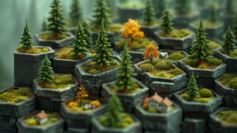 Miniature Forest: Hexagonal Containers Holding Tiny Trees Stock Image ...