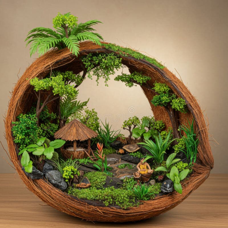 Miniature Tropical Garden in Coconut Shell Terrarium Stock Illustration ...