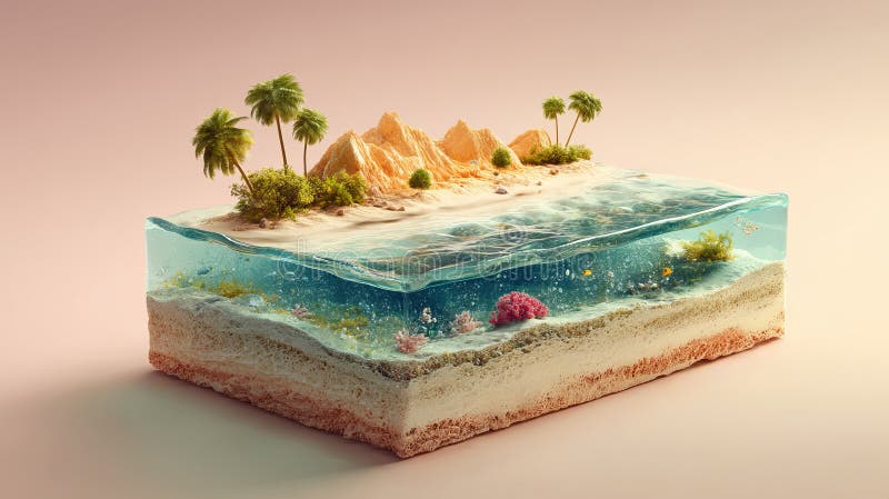 Miniature Tropical Island with Ocean Layers, 3d Render of Detailed ...