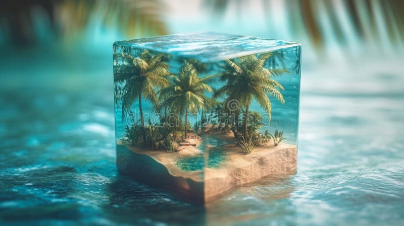 Miniature Tropical Island Scene Inside a Glass Cube Stock Illustration ...