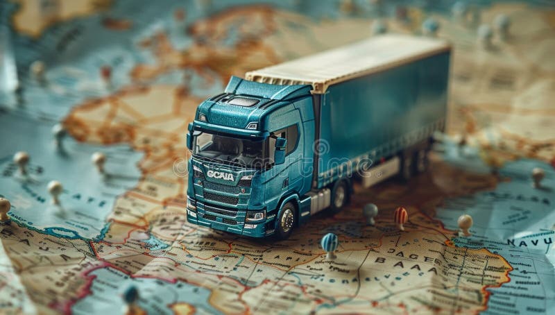 Miniature Truck on Map Planning Global Logistics Route Stock ...