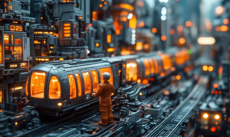 Miniature Urban Landscape with Glowing Subway and Figure Exploring ...