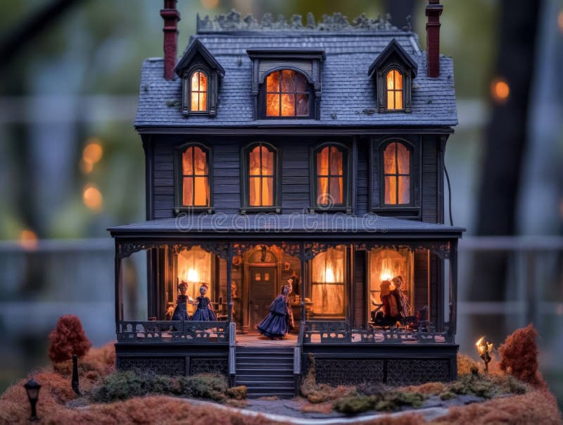 A Miniature Victorian House with Lit Windows and Figures on the Porch ...