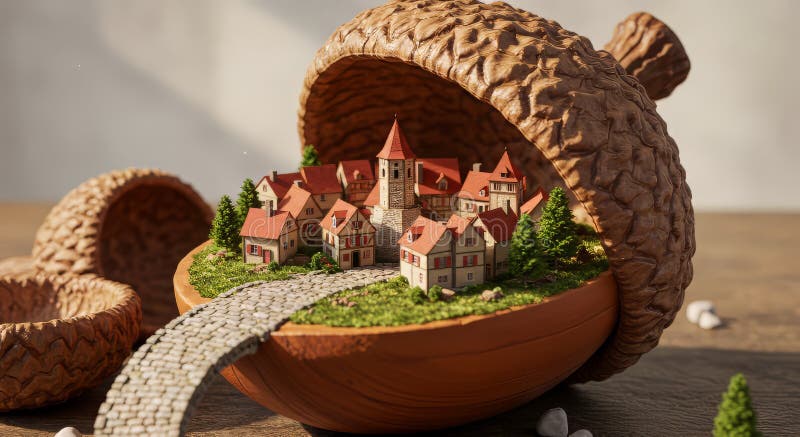 Miniature Village Inside Acorn Shell with Stone Path and Small Trees ...