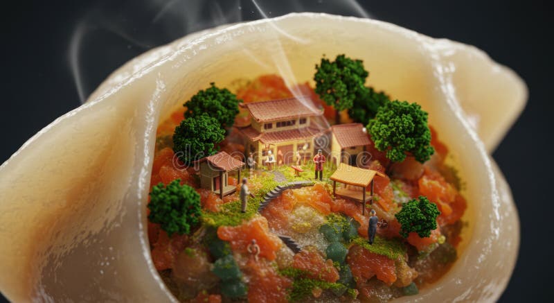 Miniature Village Inside Dumpling with Steam and Detailed Decor Stock ...