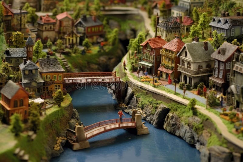 Miniature Village with a River and Bridge Scene Stock Illustration ...