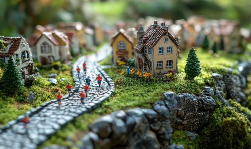 Miniature Village with Tiny Figures Strolling Along a Winding Path ...