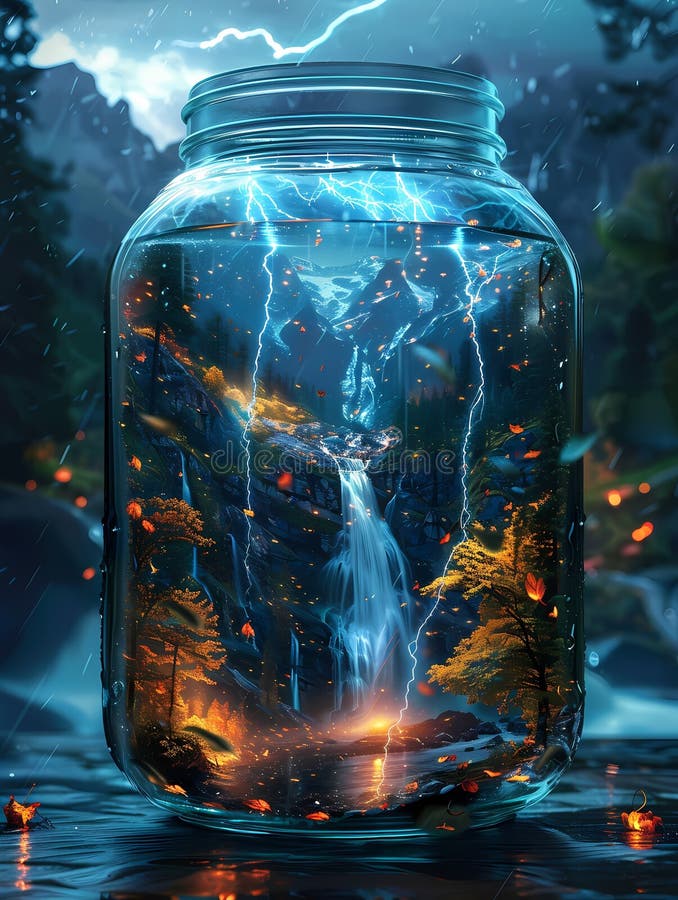 Miniature Waterfall in a Glass Jar with Tiny Trees Illuminated by ...