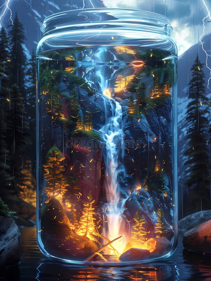 A Miniature Waterfall in a Glass Jar with Tiny Trees and Lights Creates ...