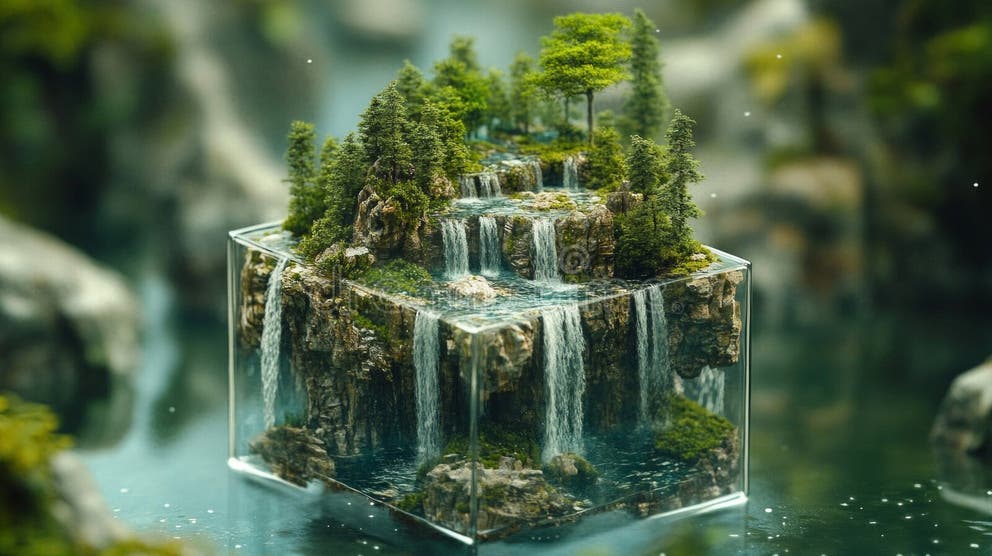 Miniature Waterfall Landscape in Glass Cube Stock Illustration ...