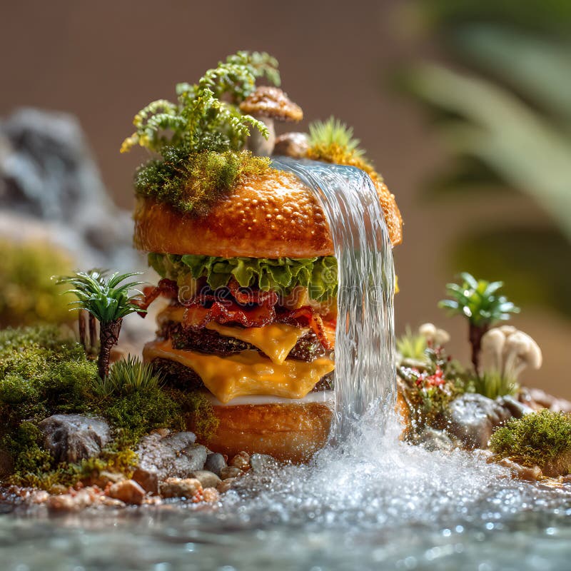 A Miniature Waterfall and River Ecosystem on a Bacon Cheeseburger Stock ...