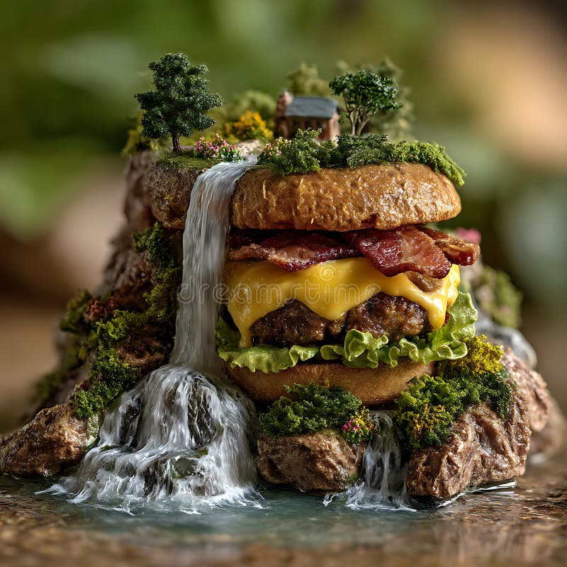 A Miniature Waterfall and River Ecosystem on a Bacon Cheeseburger ...