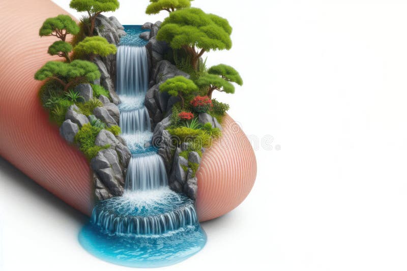 Miniature Waterfall on the Surface of the Finger. Space for Text. Stock ...