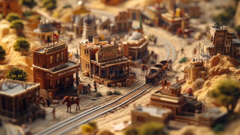 Miniature Western Town Model with Train and Horses Stock Illustration ...