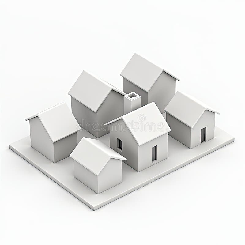 Miniature White Model of Six Simplistic House Structures on a Square ...