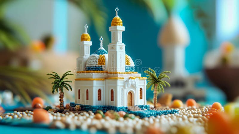 Miniature White Mosque Model Standing on Decorative Sand with Palm ...