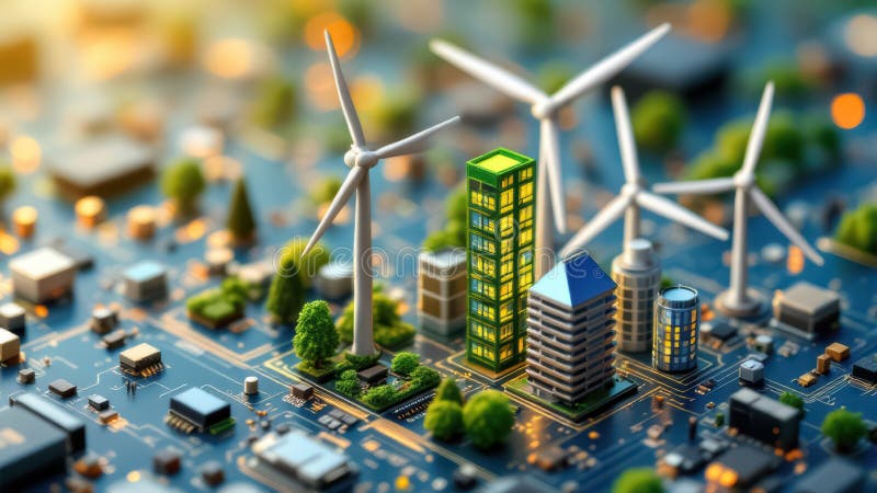 Miniature Wind Turbines and Environmental Buildings on a Circuit Board ...
