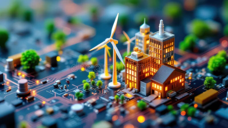 Miniature Wind Turbines and Environmental Buildings on a Circuit Board ...