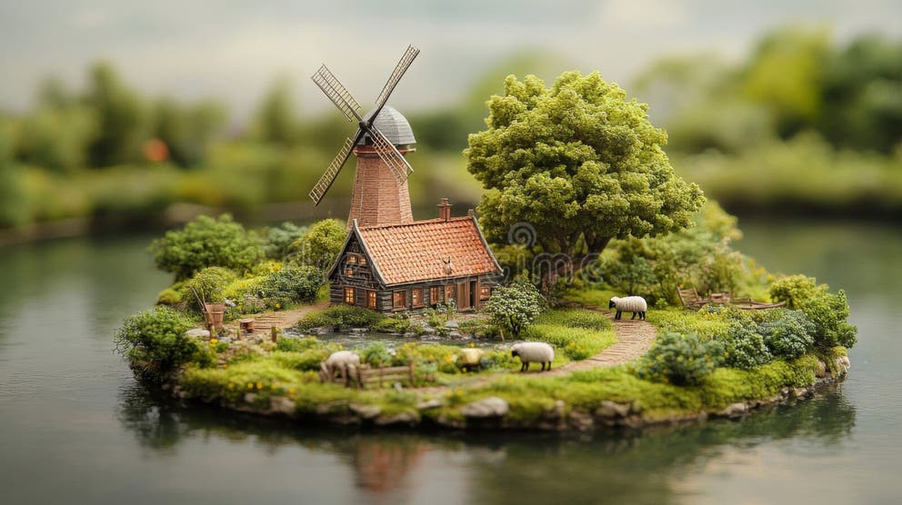 Miniature Windmill on a Lake Island Stock Illustration - Illustration of tranquil, water: 369456610