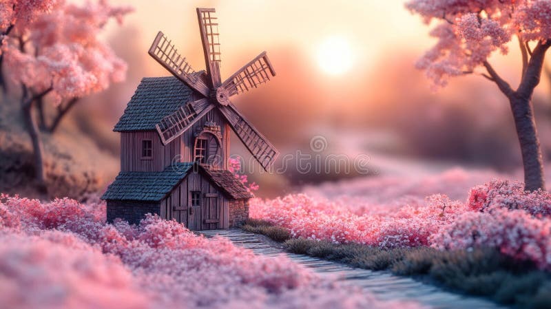 Miniature Windmill in Pink Flower Field at Sunset Stock Illustration ...