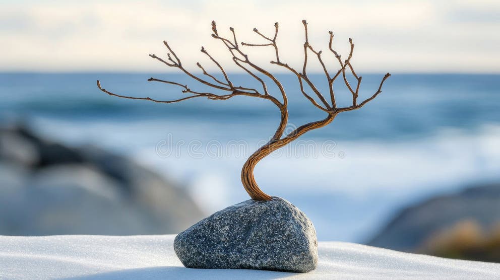 Miniature Wire Tree Sculpture on Coastal Rocks Stock Illustration ...