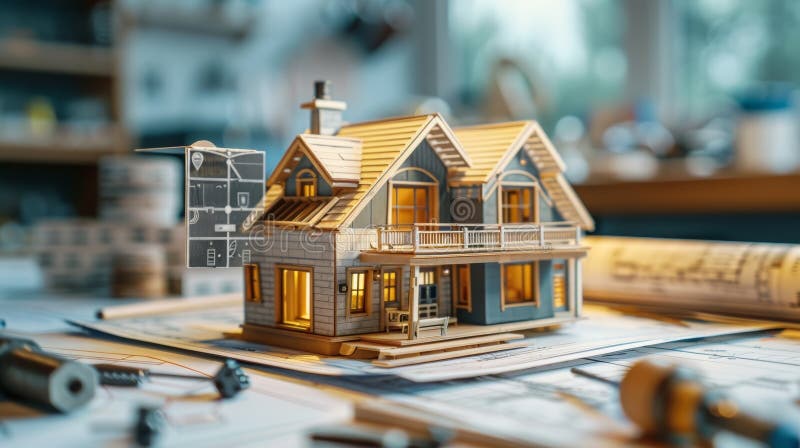 A Miniature Wooden House Model Sits on a Workbench Surrounded by Tools ...