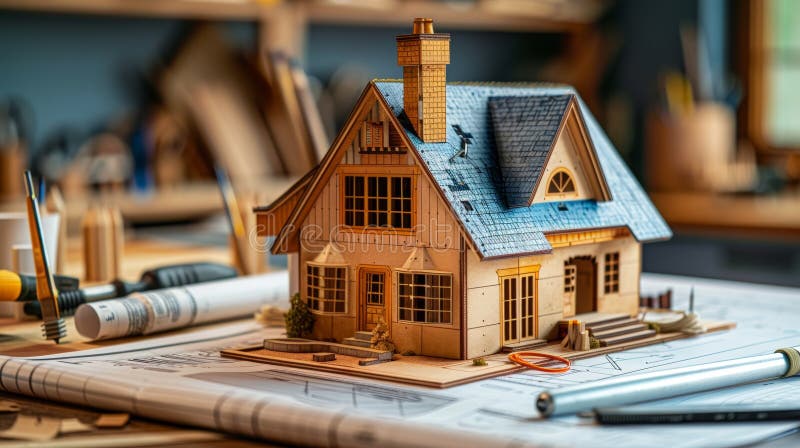 A Miniature Wooden House Model Sits on a Workbench Surrounded by ...