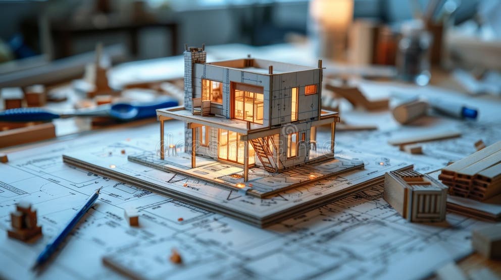 A Miniature Wooden House Model on a Table with Blueprints and Tools ...