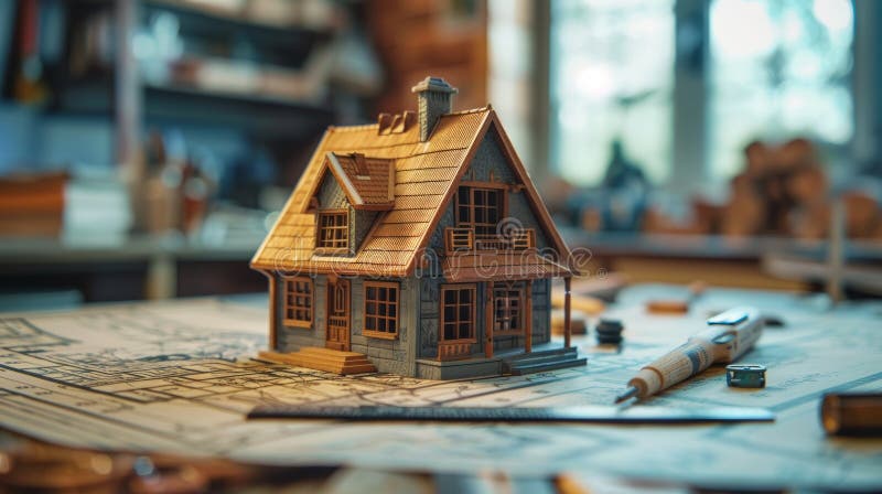 A Miniature Wooden House Model on a Workbench with Carving Tools Stock ...