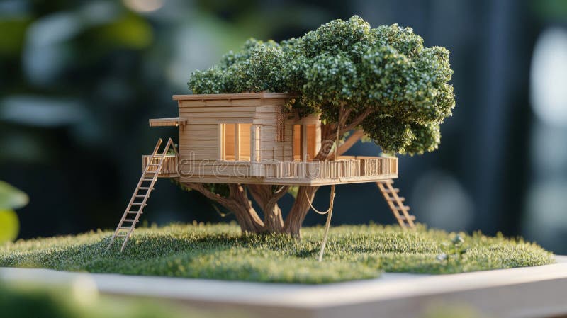 Miniature Wooden Treehouse Model in Green Setting Stock Illustration ...