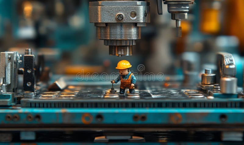 Miniature Worker Operating Machinery in a Industrial Setting Stock ...