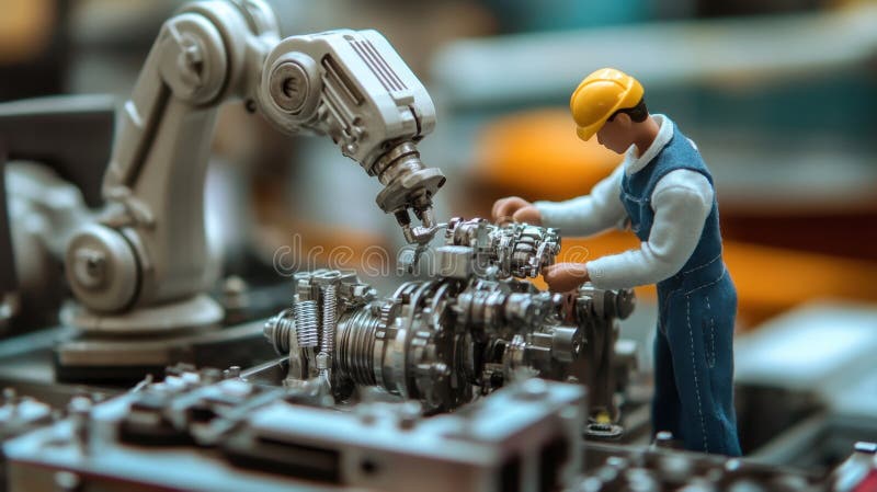 Miniature Worker and Robotic Arm in Machine Assembly Scene Stock ...