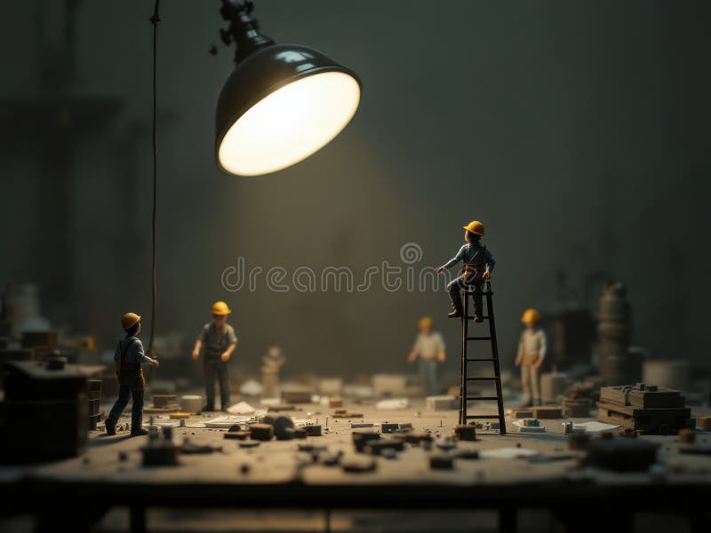 Miniature Workers Adjusting Huge Hanging Lamp in Dark Industrial ...