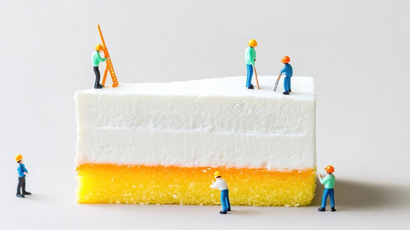 Miniature Workers Building a Cake Slice on a Table Stock Photo - Image ...