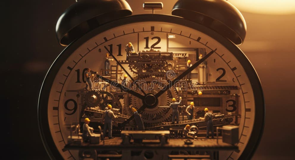 Miniature Workers Building Clockwork in Vintage Alarm Clock Stock Image ...