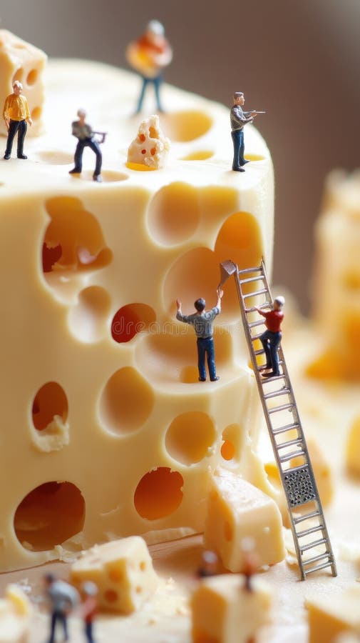 Miniature Workers Building and Exploring a Giant Piece of Cheese Stock ...