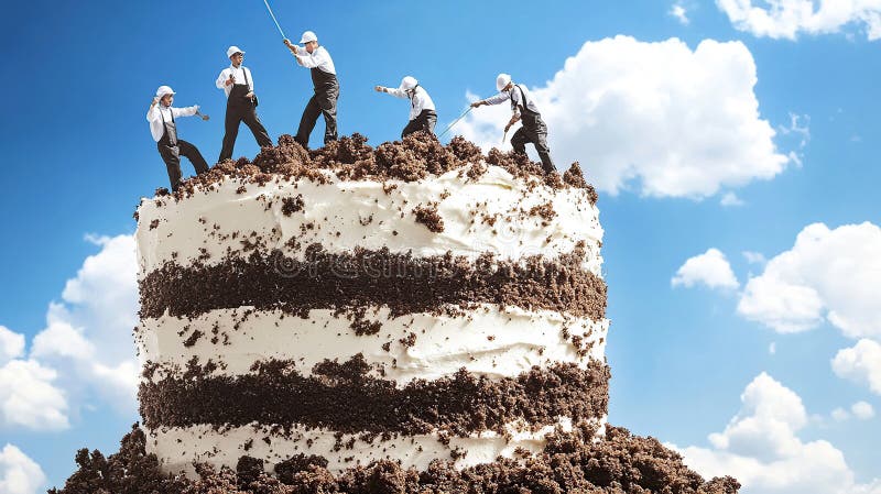 Miniature Workers Building Giant Cake Outdoors Stock Photo - Image of ...