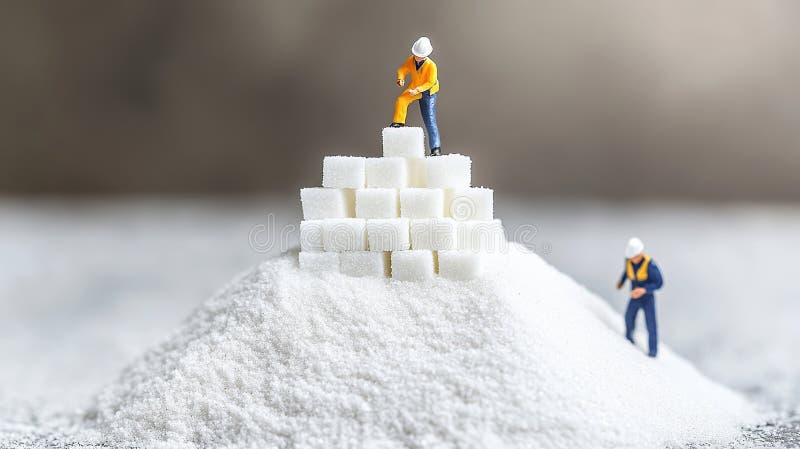 Miniature Workers Building Sugar Cube Pyramid on Powdered Sugar Pile ...