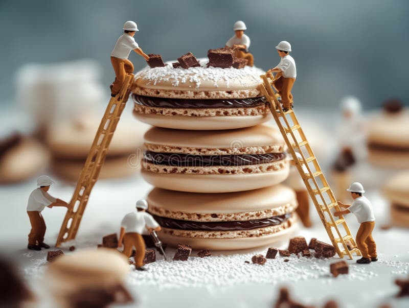 Miniature Workers Building a Tower of Delicious Macarons with Chocolate ...