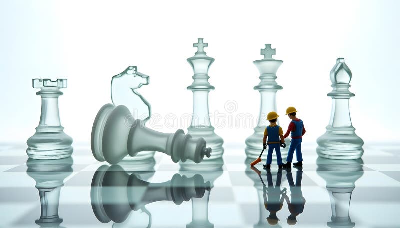Miniature Workers on a Chessboard with Fallen King Stock Illustration ...