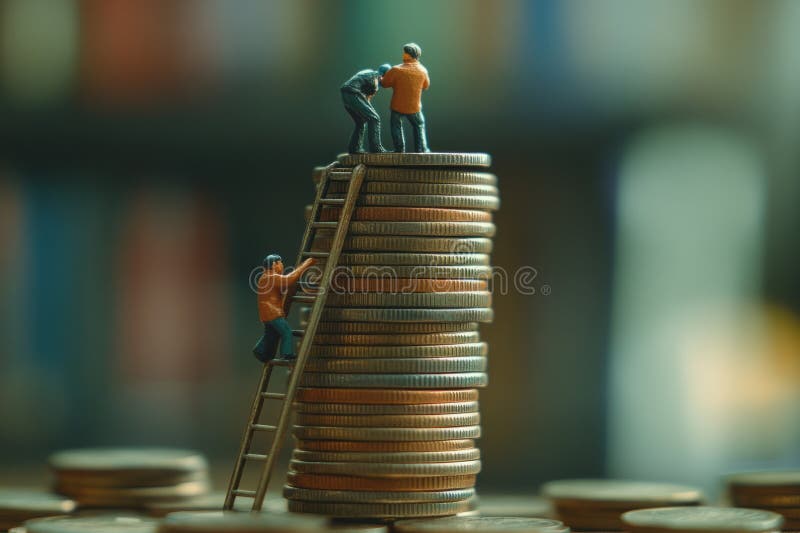 Miniature Workers Climbing a Stack of Coins Using a Ladder, Symbolizing ...