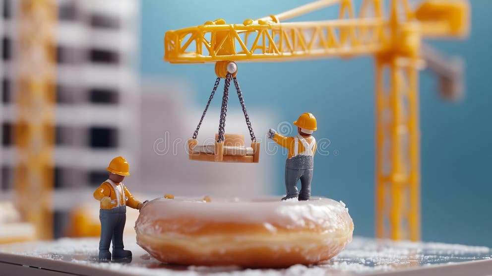 Miniature Workers Construct a Donut on a Model Building Site with a ...