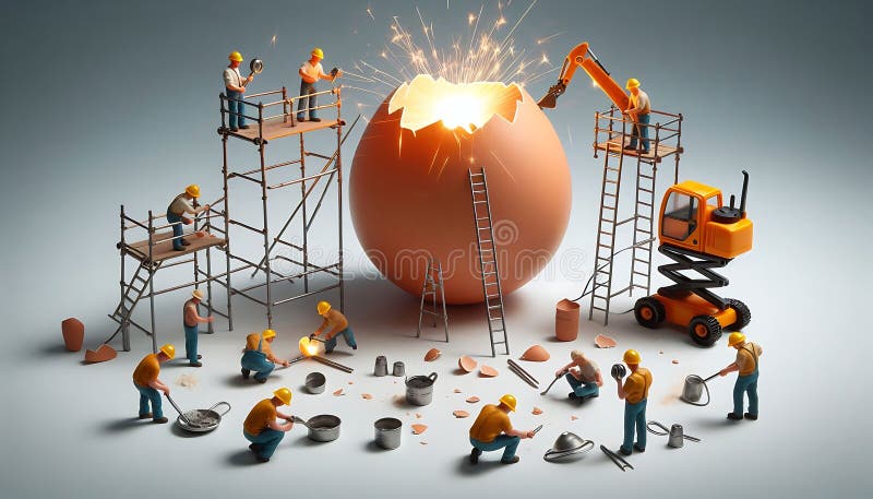 Miniature Workers Construct a Giant Egg, Symbolizing New Beginnings Stock Illustration ...