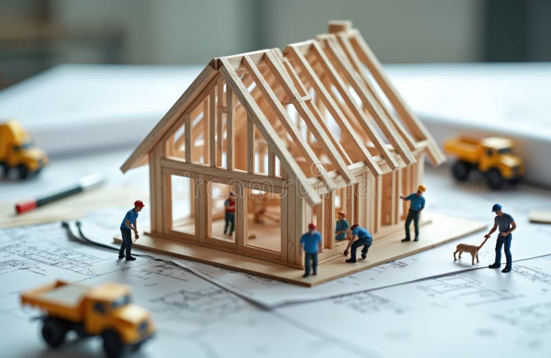 Miniature Workers Construct Wooden Frame House Model on Blueprint ...