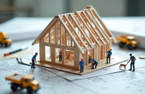 Miniature Workers Construct Wooden Frame House Model on Blueprint ...