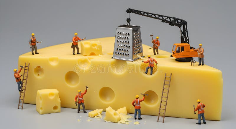Miniature Workers Constructing Cheese with Grater and Crane Equipment ...