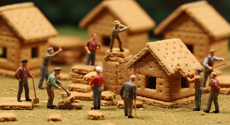 Miniature Workers Constructing a Gingerbread House Village: a Charming ...