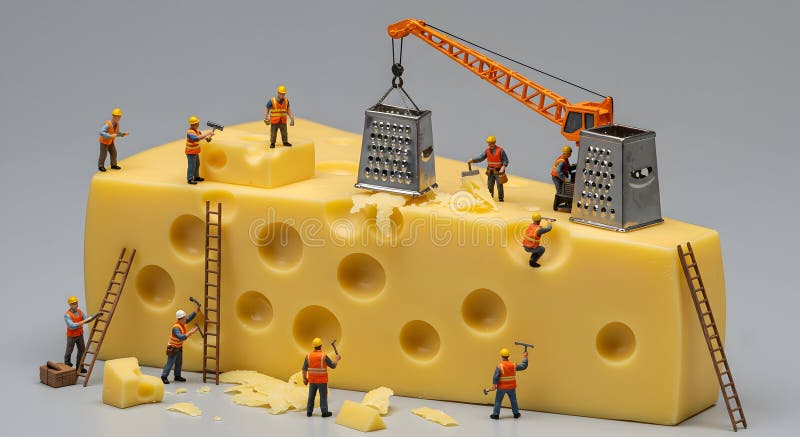 Miniature Workers Constructing and Shaping Cheese with a Crane and ...